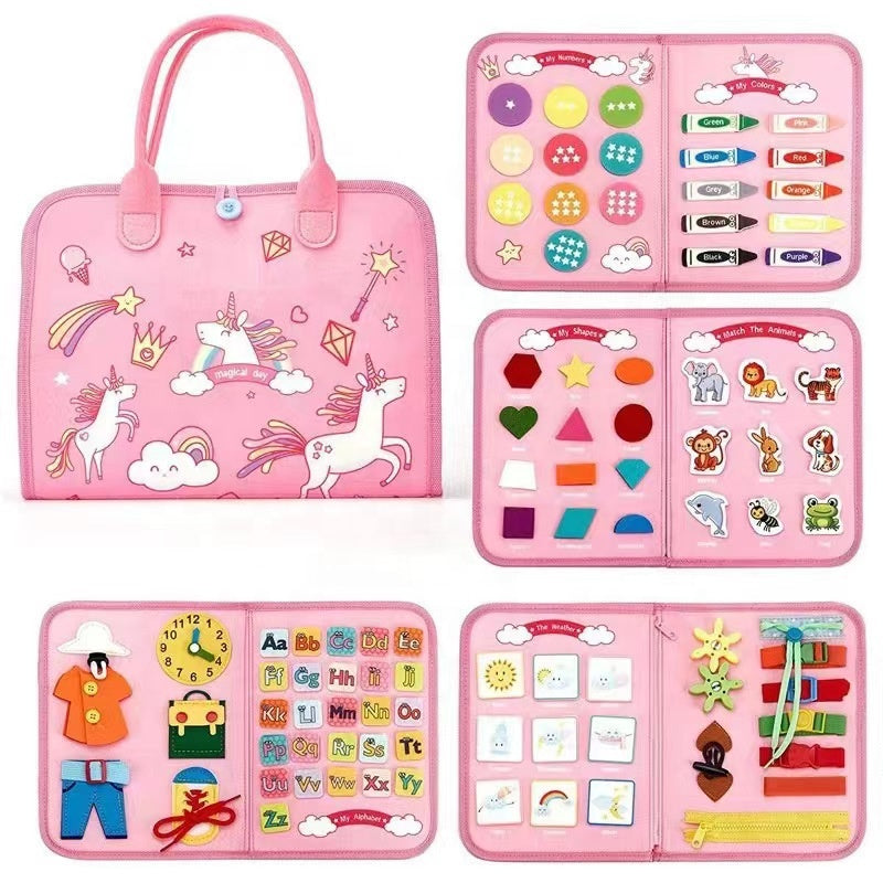 6-in-1 Unicorn Activity Busy Board for Toddlers – Sensory Learning Boo ...